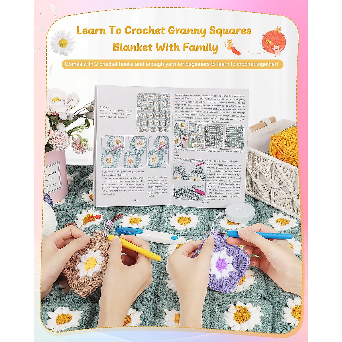 Coopay Crochet Kit Beginners for Blanket, Granny Squares Crochet Blanket Kit with Instructions & Enough Yarn, Complete Crochet Starter Kit Easy Learn to Crochet Blanket Kit for Beginners Adults