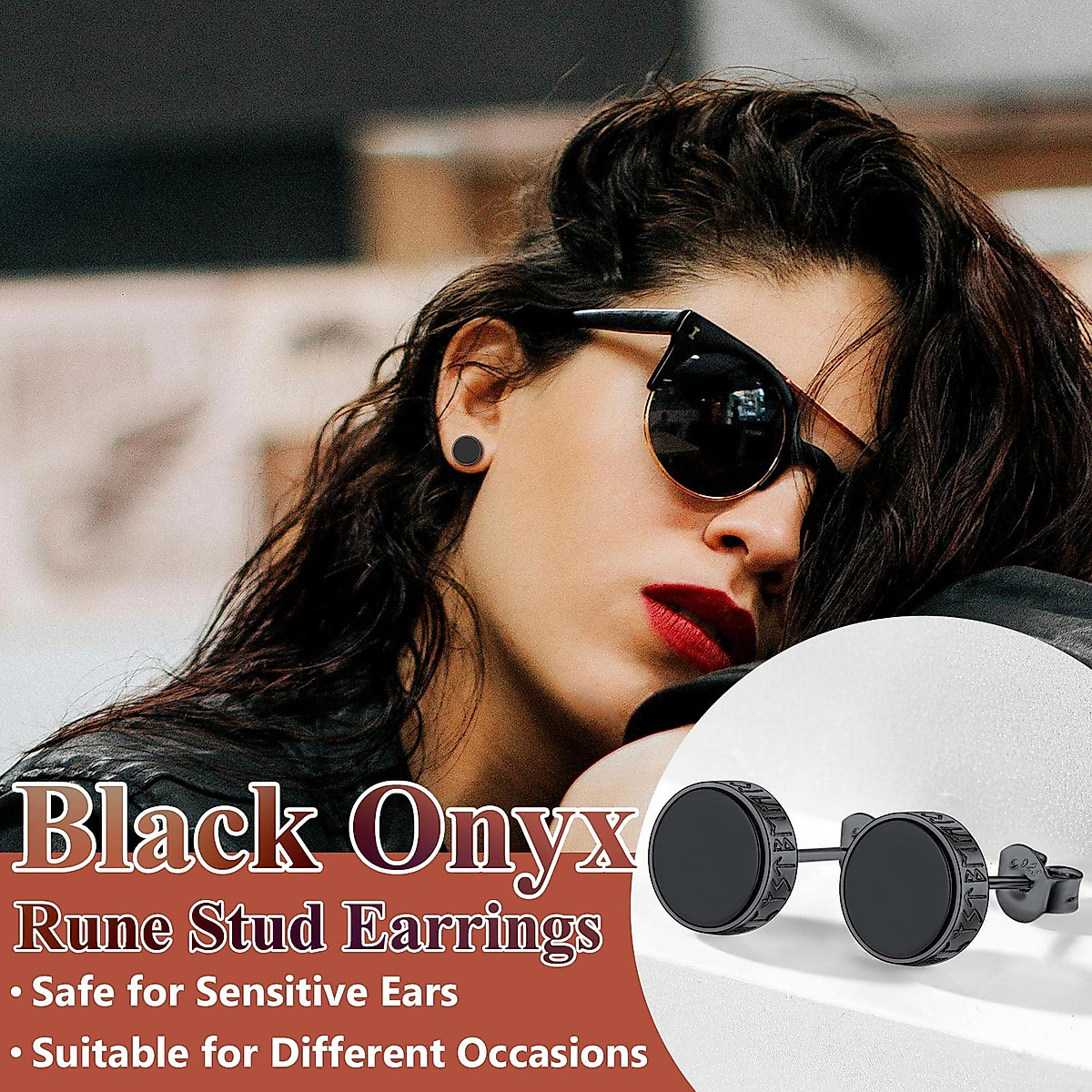 Silvora 925 Sterling Silver Men's Earrings Stud Viking Rune Stud Black Onyx Earrings For Men Women