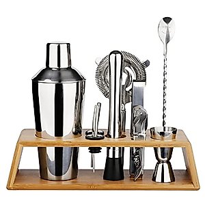Arora 10Pcs Bartender Kit Bar Set, 24OZ Silver Cocktail Shaker Set with Stainless Steel Bartending Accessories for Home & Bamboo Stand, Ideal Drinking Mixers Gift Set for Martini Margarita