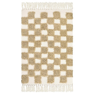 Lahome Checkered Boho Bath Mats, Neutral 2x3 Bathroom Rug Machine Washable Tufted Throw Rugs with Tassels, Fluffy Farmhouse Area Rug Non-Shedding Cotton Carpet for Bedroom Dorm, Khaki