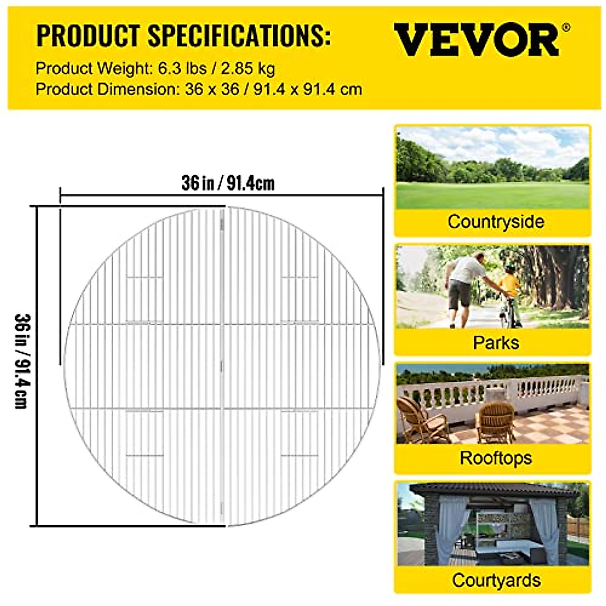 VEVOR Fire Pit Grates, Foldable Round Cooking Grate, Stainless Steel Tight Grid Campfire BBQ Grill with Portable Handle for Outdoor Picnic Party & Gathering, Silver (36 inch-No Handle)