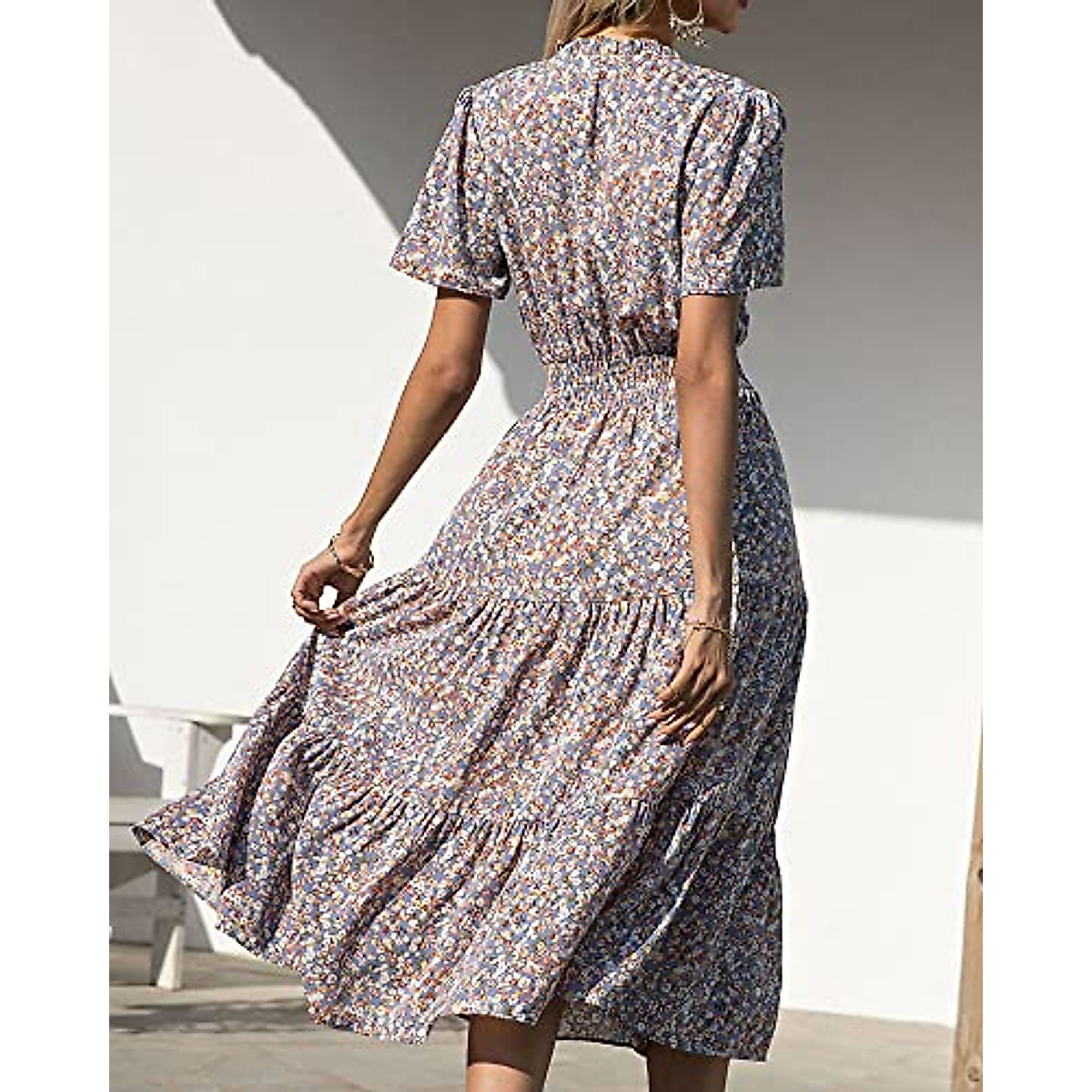 BTFBM Women's 2023 Summer Casual Boho Dress Floral Print Tie V Neck Short Sleeve Elastic Waist A-Line Midi Beach Dresses(Floral Blue, Large)