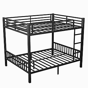 Luckiofvonne Queen Over Queen Bunk Bed for Adults, Heavy-Duty Metal Bunk Bed Frame with Ladder, High Guardrail and Slats Support, No Box Spring Needed, Black