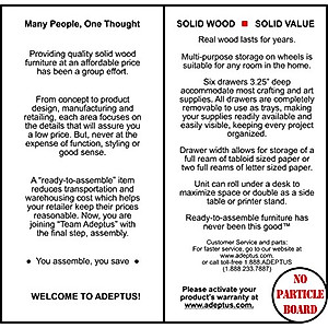 Adeptus Original Roll Cart, Solid Wood, 6 Drawer Extra Wide Drawers Roll Carts, Medium Pine