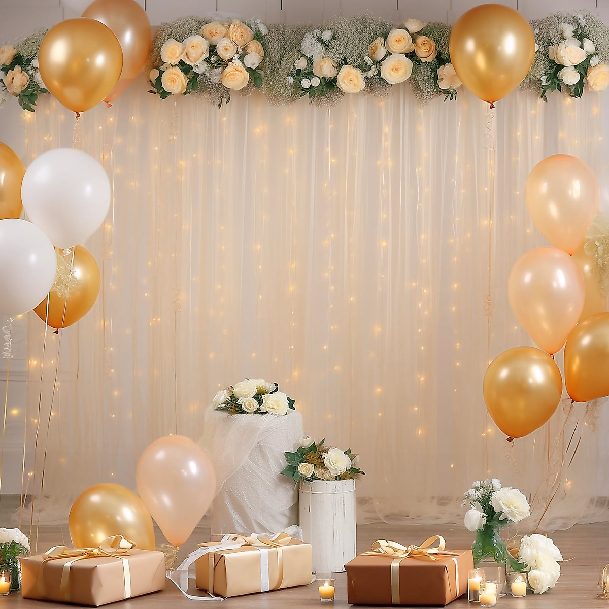 10×10ft Champagne Tulle Backdrop Curtain with Lights String for Parites, Sheer Curtain Backdrop Drapes for Wedding Party Home Decorations