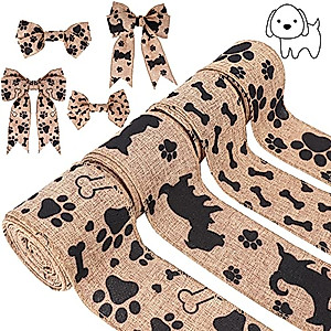 Kuscul 4 Rolls Dog Print Ribbons, 20 Yards Dog Bone Ribbon Doggy Paw Print Ribbon Wired Paw Print Burlap Ribbon for Dog Wreaths Swag Bow Making Dog-Lover Gift Wrapping, DIY Crafting and Party Decor
