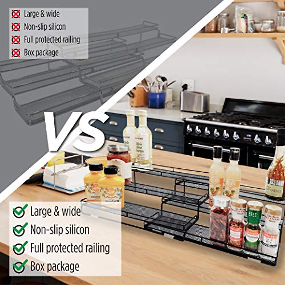 DOTORYDESIGN 3 Tier Wide Expandable Cabinet Spice Rack Organizer (14.5" to 29.1") - Step Shelf with Protection Railing, Black