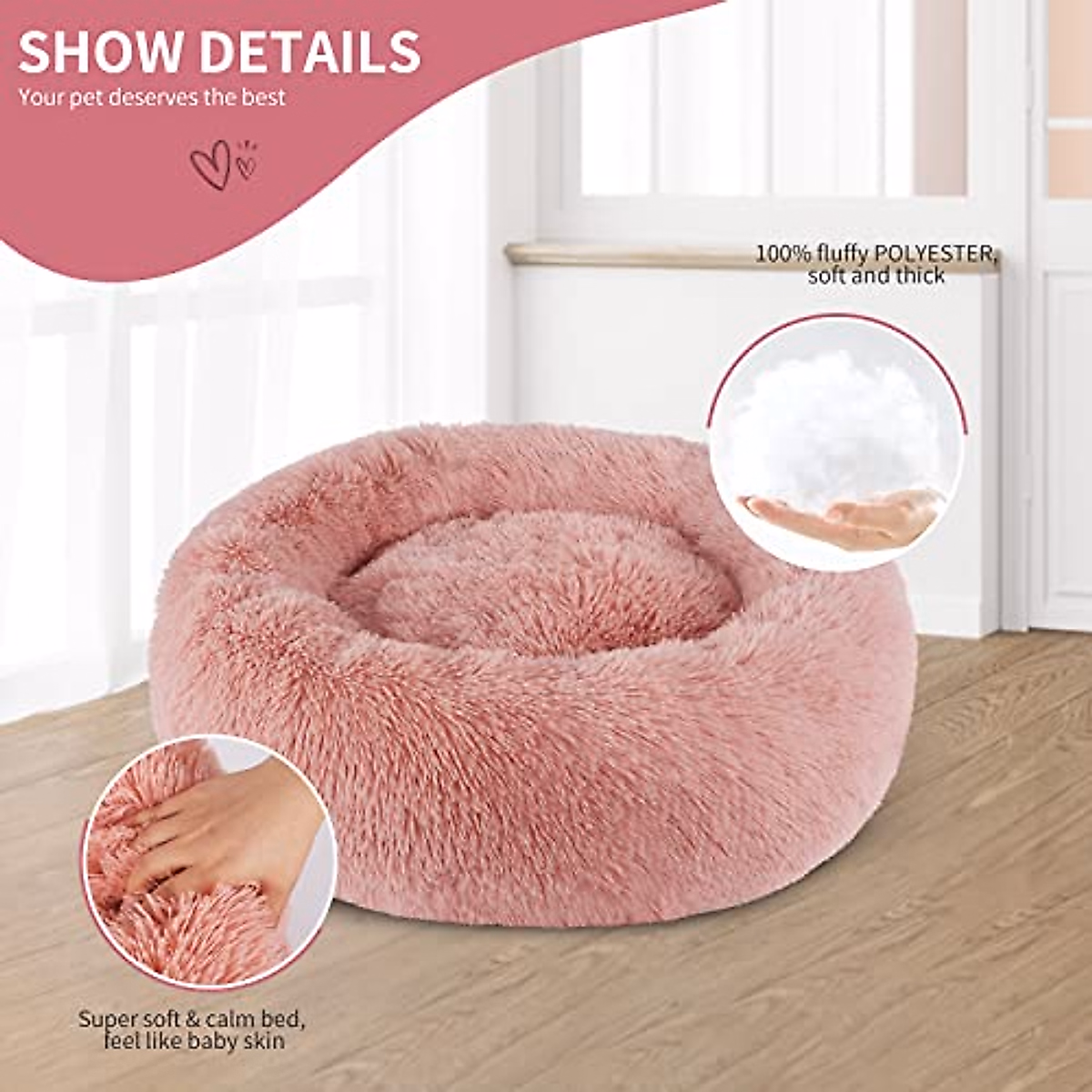ZEJEUER Cat Bed, Small Dog Bed, Round Donut Washable Plush Fluffy Faux Fur Soft Cushion Beds for Indoor Pets