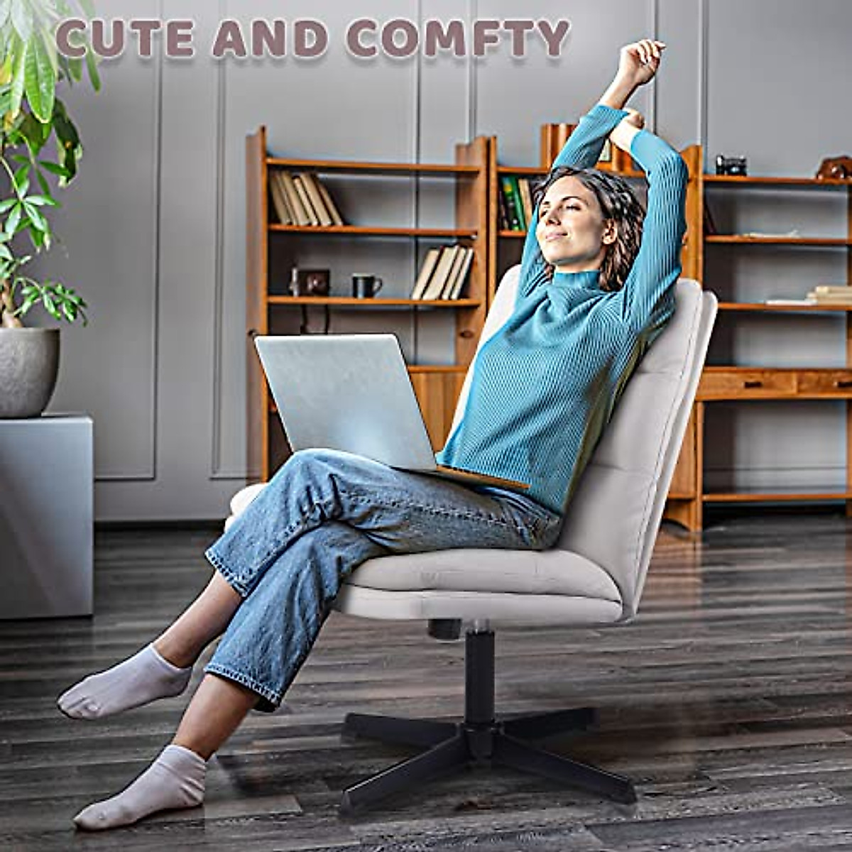 LEMBERI PU-Padded Armless Office Desk Chair No Wheels,High-Back Wide Seat Home Chair,120° Rocking Cross Legged Computer Task Chairs,Modern Adjustable Swivel Vanity Chairs (White)