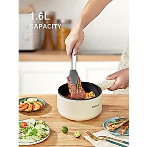 Hot Pot Electric With Steamer, 1.6L Ramen Cooker Non-Stick Sauté Pan for Steak, Egg, Fried Rice, Ramen, Oatmeal, Soup, Portable Personal Perfect Suit Dorm Room and Apartment (White)