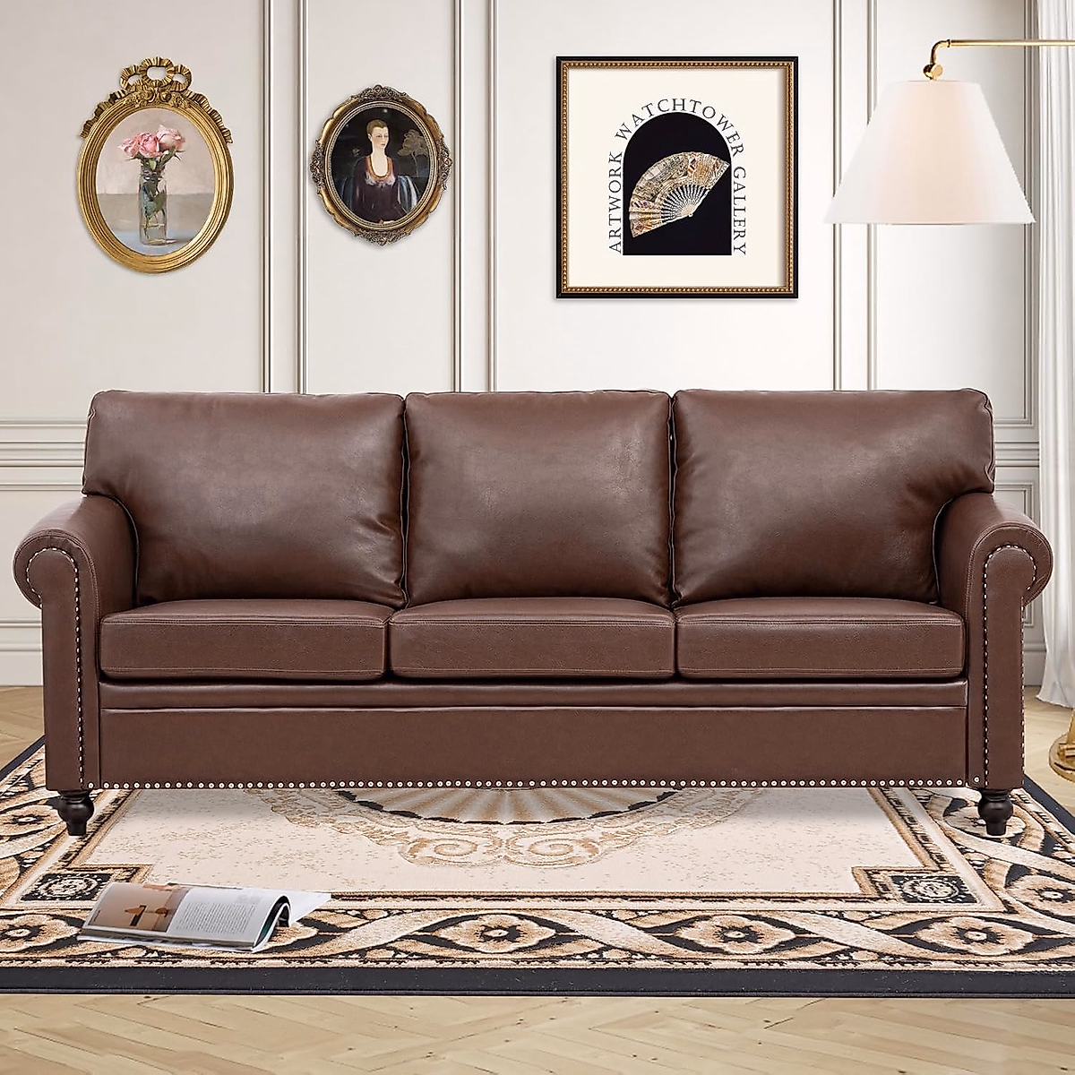 Brown Leather Couch, Comfy Classic 3 Seater Living Room Sofa，Mid-Century Modern Sofa with Detachable Cushions 84" for Living Rooms, Bedrooms, Offices,Apartments Tool-Free Assembly(Brown PU + Sofa)