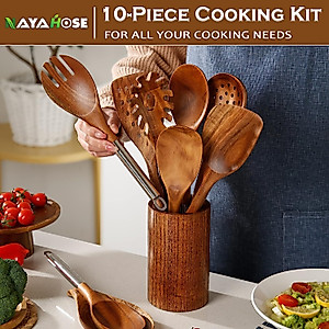Wooden Spoons for Cooking with Utensils Holder, 10-Pieces Wooden Utensil Set Non-Stick, Natural Teak Cookware Wooden Cooking Spurtle Set, with Stainless Steel Handle