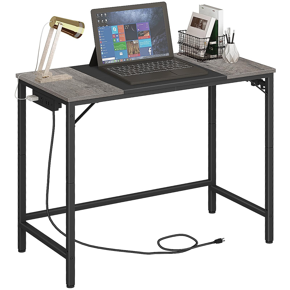 HOOBRO Computer Desk, Home Office Desk with Power Outlet, Modern Study Writing Desk with 3 Hooks for Study Room, Home Office, Sturdy and Stable, Easy to Assemble, Charcoal Gray and Black BC40UDN01