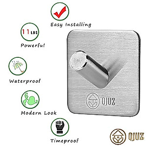 QJUZ Adhesive Hooks, Towels Hooks, Wall Hooks Heavy Duty SUS304 Stainless Steel Super Powerful Stick on Hooks, Bathroom Kitchen Organizer for Hanging Robes/Towels/Clothes/Hats/Keys (4Packs)