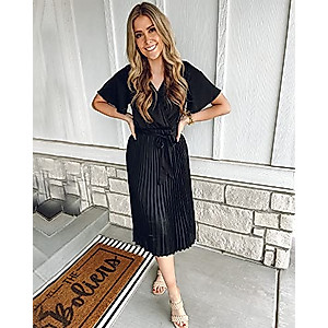 BTFBM Women Wrap V Neck Casual Summer Dresses 2023 Short Sleeve Satin Tie Waist Pleated Flowy Wedding Guest Midi Dress(Solid Black, Medium)