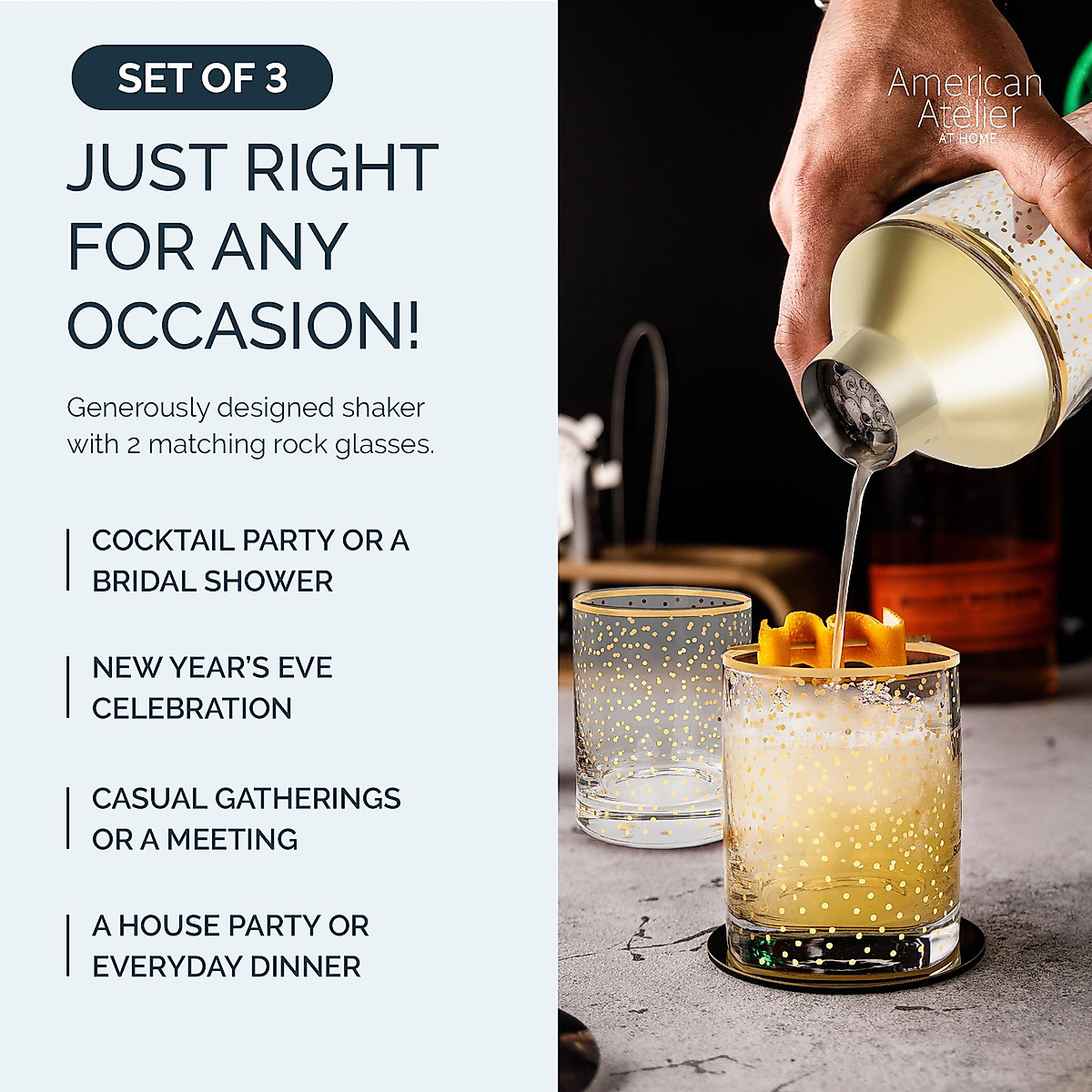 American Atelier Cocktail Shaker with 2 Rock Glasses | 3-Piece Set | Home Bar Kit | Old Fashioned Glasses for Whiskey and Bourbon | 15-Ounce Capacity Shaker | Bar Accessories Gift Set