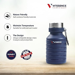 Vitesence collapsable Water Bottle | Safe and Eco-friendly Materials | Suitable for cold and warm water | Flexible Design perfect for camping and travel | 100% Food grade silicone