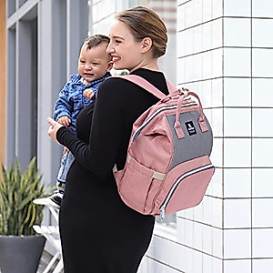 Hafmall Diaper Bag Backpack, Large Baby Diaper Bag with Stroller Hooks, Multifunctional Travel Nappy Bag, Stylish & Waterproof, Pink Gray