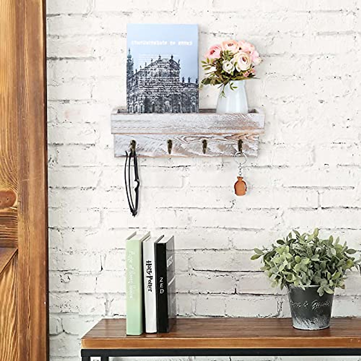 LOSOUR Key Holder for Wall with Shelf, Shabby Chic Hand Crafted Entryway Mail and Key Holder Wall Mount with 4 Hooks