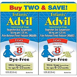 Advil Infants' Fever Reducer/Pain Reliever Dye-Free, 50mg Ibuprofen Concentrated Drops (White Grape Flavor, 0.5 fl. oz. Bottle, Pack of 2)