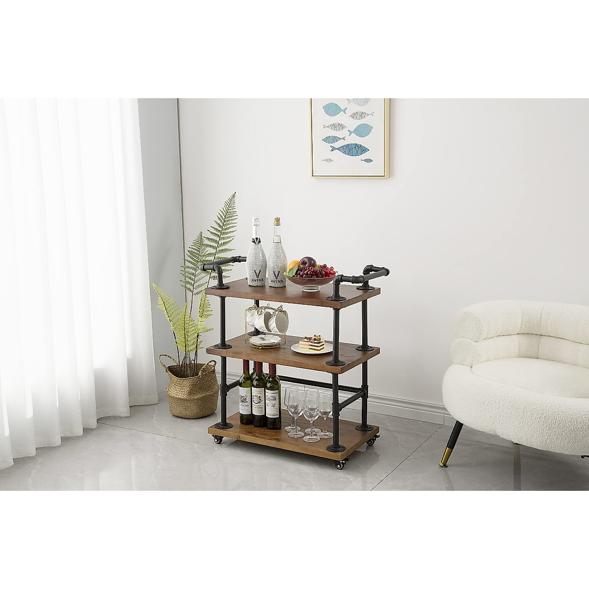 DOFURNILIM Industrial Bar Carts/Serving Carts/Kitchen Carts/Wine Rack Carts on Wheels with Storage - Industrial Rolling Carts - Wine Tea Liquor Shelves/Holder - Solid Wood and Metal Home Furniture