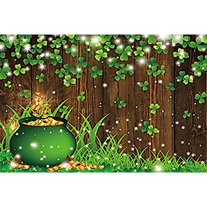 Laeacco 10x6.5FT St. Patrick's Day Backdrop Green Clover Lucky Shamrock Pot of Gold Coin Glitter Brown Wooden Board Photography Background Irish Festival Party Decor Kid Adult Portrait Photo Prop