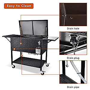 OKIDA Rolling Wicker Cooler Cart Outdoors, 80 Quart Ice Chest with Bottle Opener, Portable Beverage Bar for Patio Pool Party, Rattan Cooler Trolley with Stainless Cutting Board and Waterproof Cover