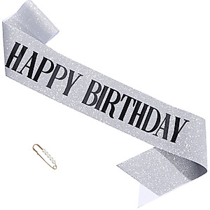 ZHBDPaty "Happy Birthday" Glitter Sash with Pearl Pin for Women Girls Party Supply Favors (2 Silver Black)