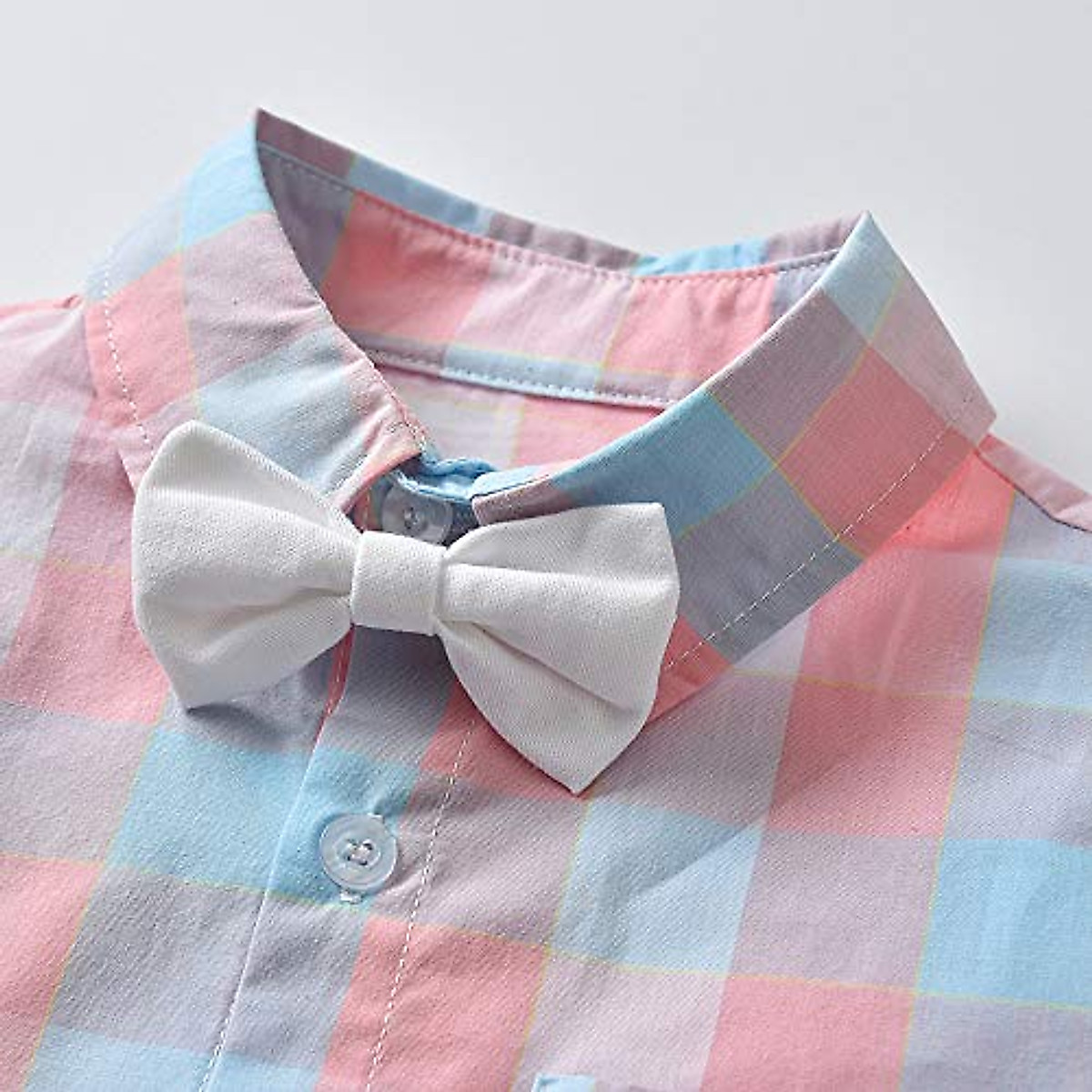 Baby Boys Gentleman Outfits Suits, Infant Short Sleeve Shirt+Bib Pants+Bow Tie Overalls Clothes Set Pink