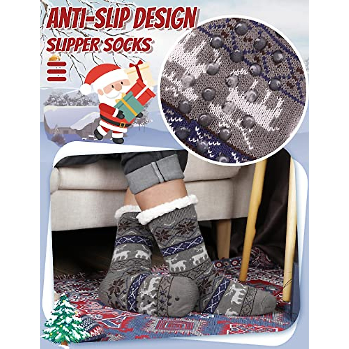 ProEtrade Slipper Socks for Men Fuzzy Fluffy Winter Cozy Cabin Warm Thick Fleece Comfy Non Slip Home Grips Socks Stocking Stuffer Christmas White Elephant Gift(Light Grey)