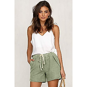 QACOHU 2024 Women's Drawstring Elastic Waist Casual Solid Comfy Cotton Linen Beach Shorts Green XL Womens Linen Summer Pants