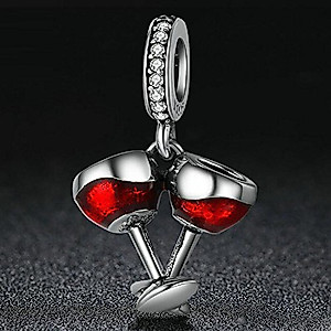 Love Heart Authentic Original 100% 925 Sterling Silver Charm Bead Beautiful Crystal Bow Charms Fit Pandora Charms Bracelet Women Necklace Pendant Jewelry … (Red Wine Lover Glass Cup)