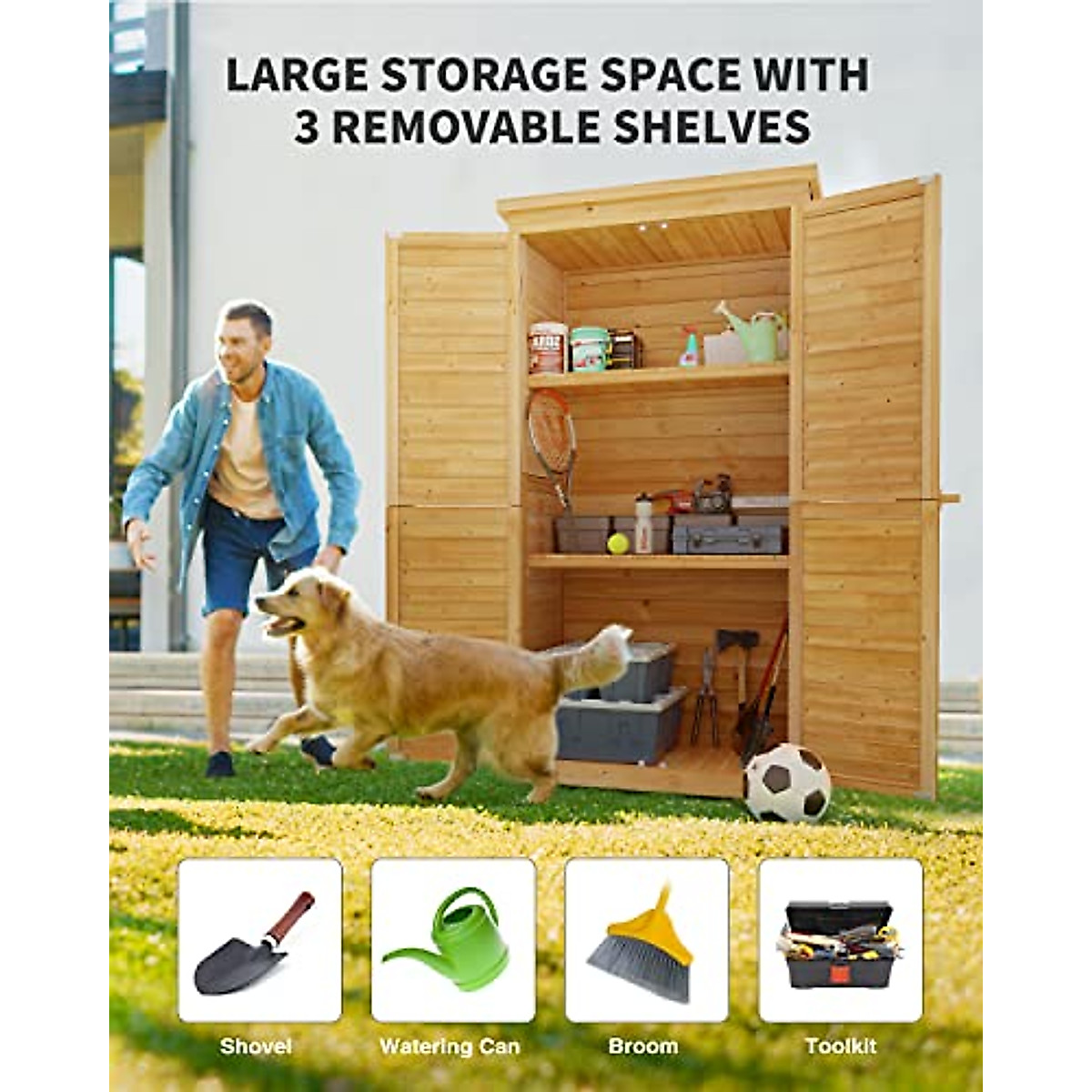 Gizoon Outdoor Storage Cabinet with 3 Shelves, Double Lockable Wooden Garden Shed with Waterproof Roof, Outside Vertical Tall Tool Shed for Yard Patio Lawn Deck-Natural