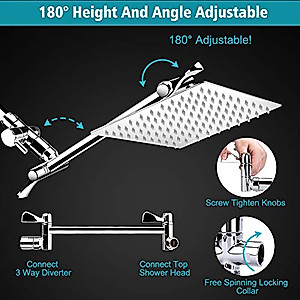 8'' High Pressure Rainfall Shower Head/Handheld Shower Combo with 11'' Extension Arm, Height/Angle Adjustable, Stainless Steel Bath Shower Head with Holder, 1.5M Hose, Chrome, 4 Hooks