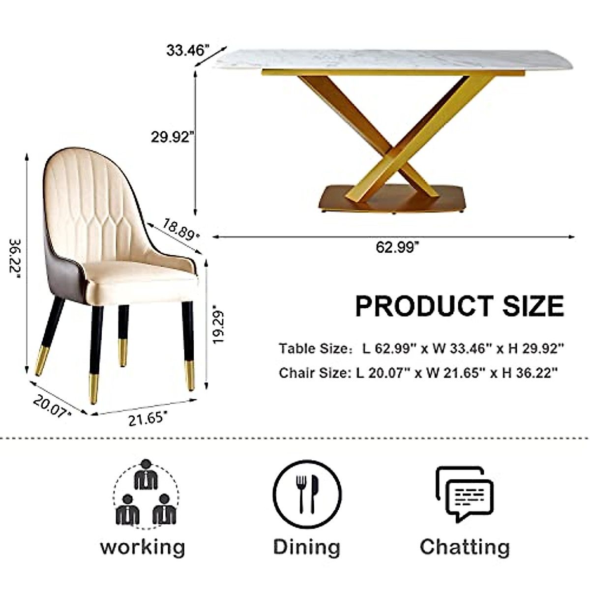 Montary 7-Piece Dining Table Set - 63" Faux Marble Table Top & X-Shaped Solid Gold Carbon Stell Legs, 1 Dining Table with 6 Dining Chairs, Morden Rectangular Dining Set for Kitchen, Resterant