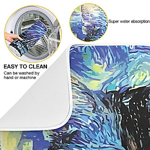 Absorbent Dish Drying Mat for Kitchen Counter - Cat Blue Starry Sky Microfiber Drying Pad, Reversible Drainer Mats for Countertop, Large 18" x 24"