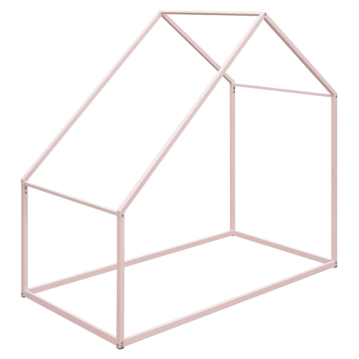 Montessori Floor Bed with Roof, Heavy Duty Metal Floor Bed/Montessori Bed with Playhouse Design, Twin Floor Bed for Kids, Girls, Boys(Not Include Slats), Pink Floor Bed Twin Size