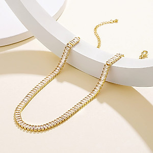 KissYan Gold Tennis Necklace for Women, 14K Gold Plated Cubic Zirconia Baguette Tennis Chain Paperclip Link Cuban Choker Dainty Jewelry Gifts(White)