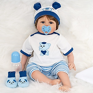 ENADOLL Reborn Baby Doll Realistic Silicone Vinyl Newborn Baby Boy 24 inch Weighted Cotton Body Lifelike Doll Gift Set for Ages 3+(Blue Bear)