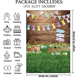 ZTHMOE 5x7ft Durable Fabric Spring Easter Photography Backdrop Rabbit Eggs Wooden Wall Flowers Grass Background Bunny Flag Portrait Photo Booth Props