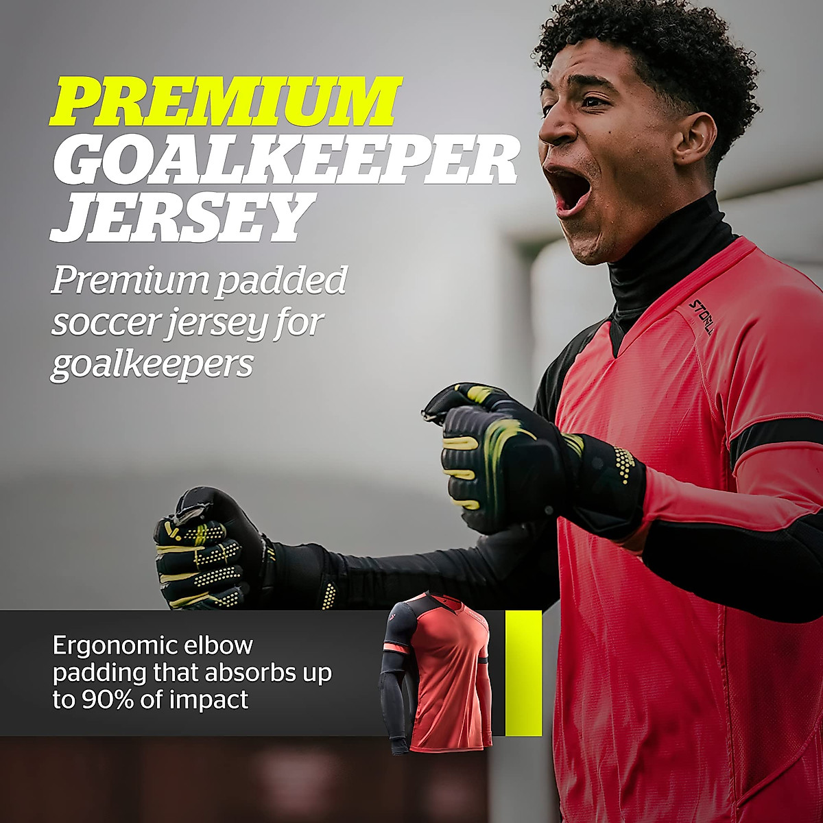 Storelli ExoShield Gladiator Goalkeeper Jersey, High-Impact Protection, Sweat-Wicking, Breathable Athletic Shirt for Soccer & Heavy-Duty Sports, Strike/Black, Small