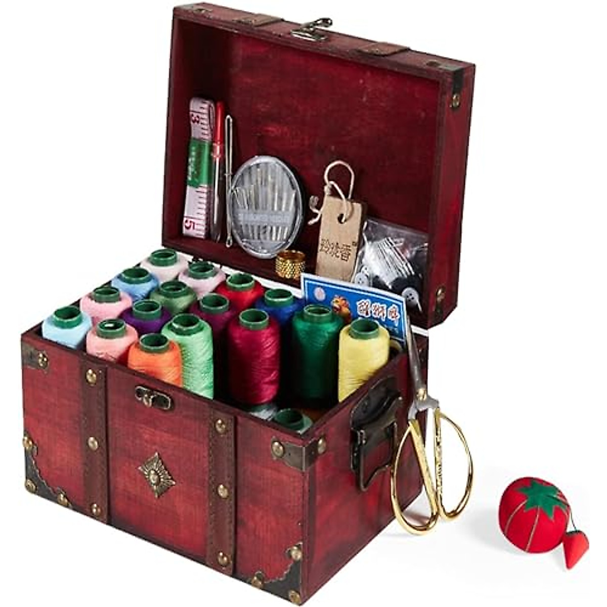 Sewing Kit,Sewing Box,Household Old-Fashioned Wooden Sewing Box Set, with Thread/Needle/Scissors and Other Accessories, Suitable for Mothers, Grandma, Brown