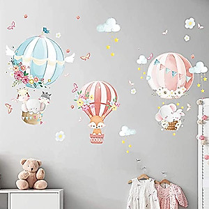 Supzone Hot Air Balloon Wall Sticker Cartoon Animal Wall Decal Fox Elephant Butterfly Wall Decor DIY Vinyl Mural Art for Kids Baby Nursery Bedroom Living Room Playroom