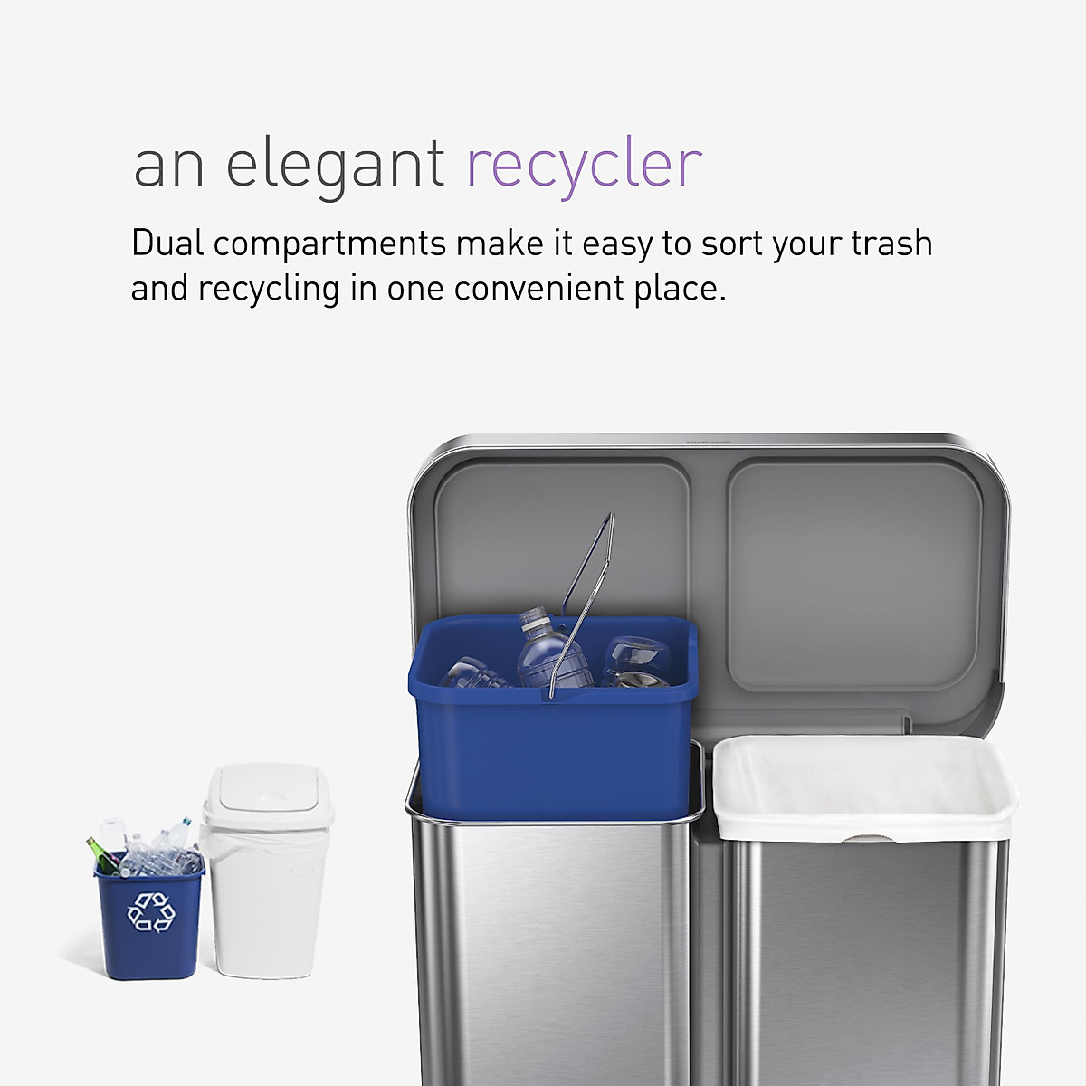 simplehuman 58 Liter / 15.3 Gallon Rectangular Hands-Free Dual Compartment Recycling Kitchen Step Trash Can with Soft-Close Lid, Brushed Stainless Steel