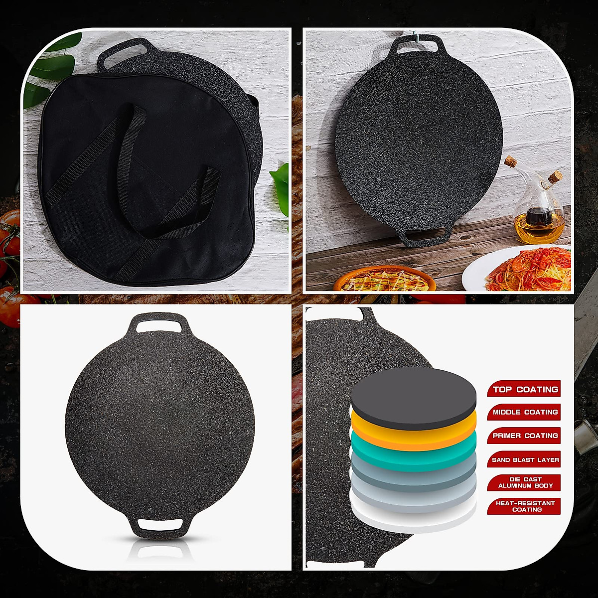 2 Pcs Korean BBQ Grill Pan 6 Layer Coating Non Stick Grill Round Griddle Pan with 2 Pcs Cover Bag for Gas Open Fire Camping Home Outdoor Stoves, Circular Size 13 Inches