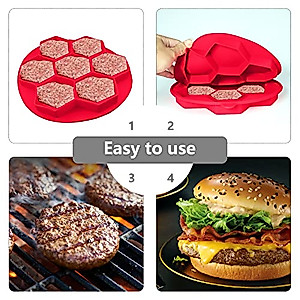 Mekek 7 in 1 Hamburger Silicone Mold, Non-Stick Food Grade Hexagonal Hamburger Patty Maker Press, Shape, & Freeze Container