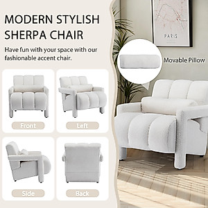 LOULENS Lambswool Accent Chair, Modern Upholstered Sherpa Accent Chair, Comfy Teddy Single Armchair with Pillow for Living Room, Bedroom (Beige, Backrest Under The Cushion)