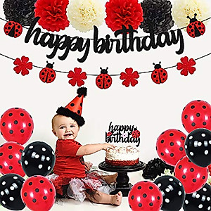 Ohiviaaa Ladybug Birthday Decorations Ladybird Happy Birthday Banner Ladybeetle Cake Topper Black Red Latex Balloon Pom Pom Flowers for Ladybug Theme Bday Party Supplies