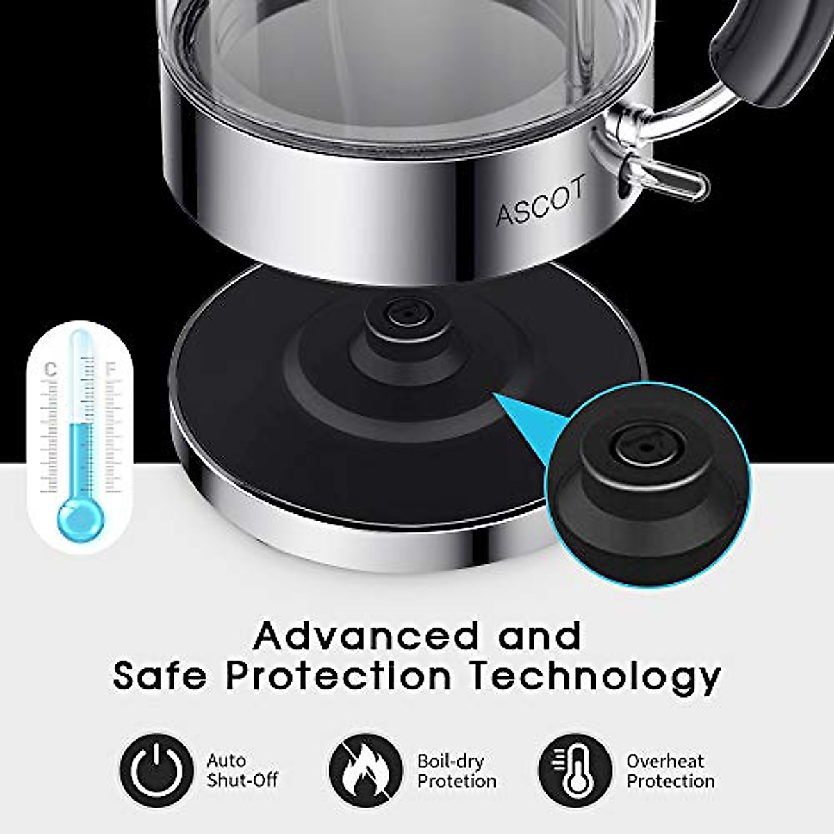 ASCOT Electric Kettle, 100% BPA-Free Glass Electric Tea Kettle, 1.6L 1500W Retro Tea Heater & Hot Water Boiler, No Plastic, with Auto Shut-Off and Boil-Dry Protection (Silver)
