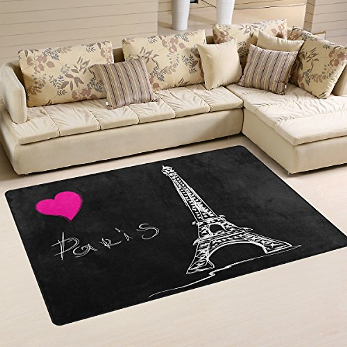 WOZO Eiffel Tower Heart Paris Area Rug Rugs Non-Slip Floor Mat Doormats Living Dining Room Bedroom Dorm 60 x 39 inches inches Home Decor
